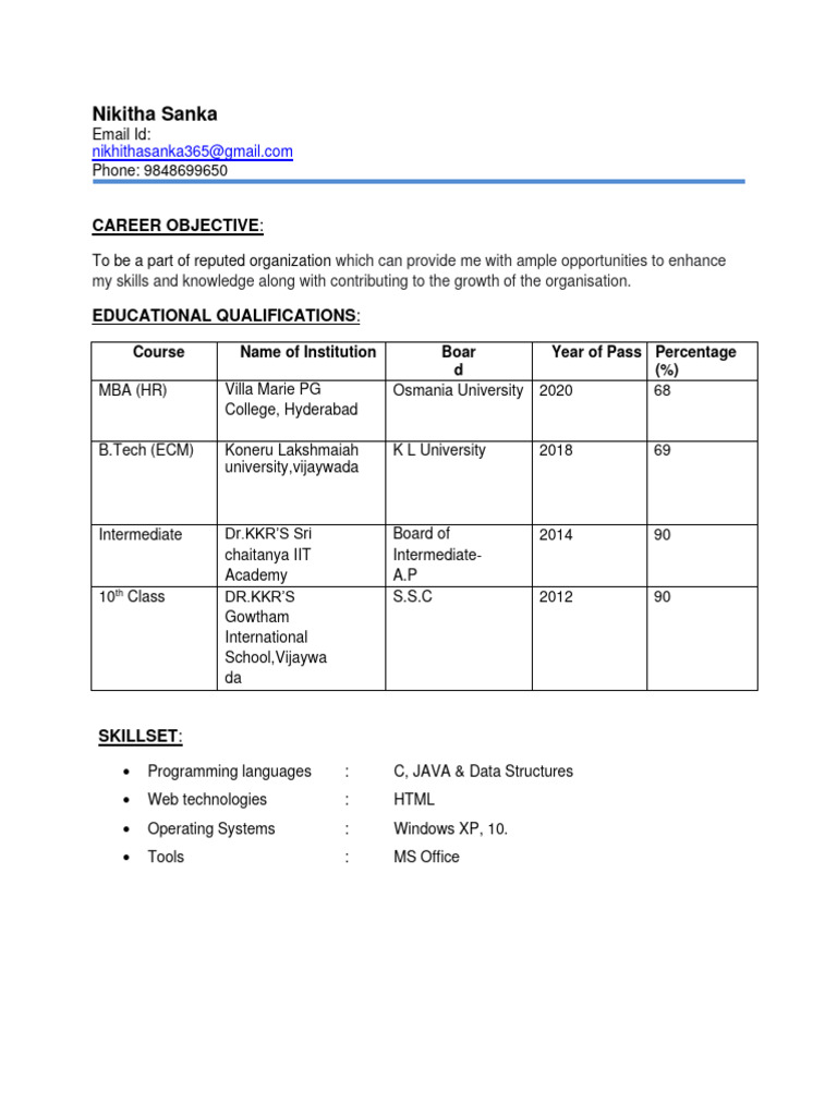Nikitha resume | PDF | Human Resource Management | Computing