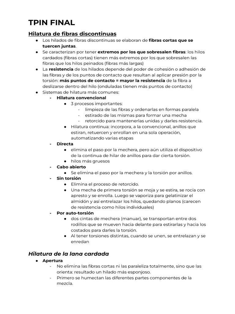 TPIN Hilatura | PDF | Textiles | Materiales