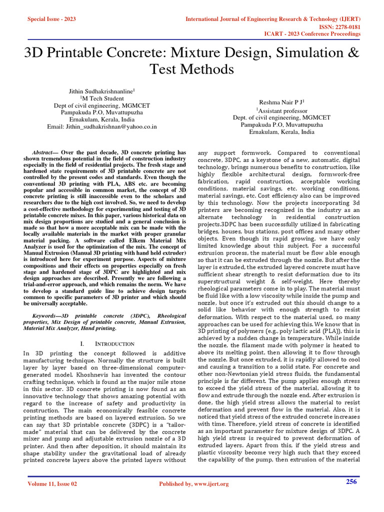 3d Printable Concrete Mixture Design Simulation Test Methods Ijertconv11is02048 Pdf 3 D