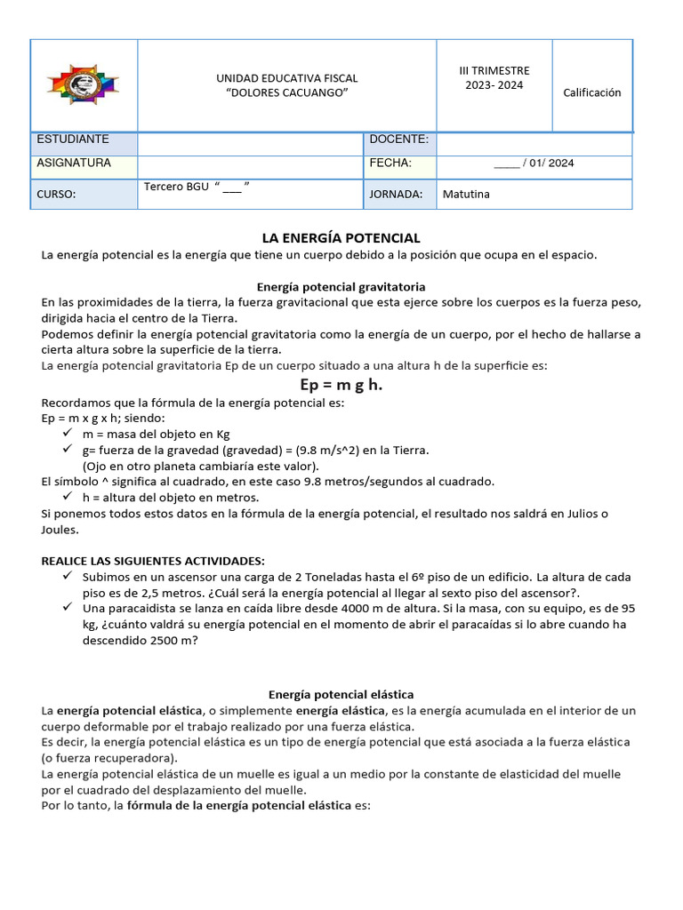 Hoja de Trabajo 3ro BGU FISICA | PDF | Temperatura | Energía potencial