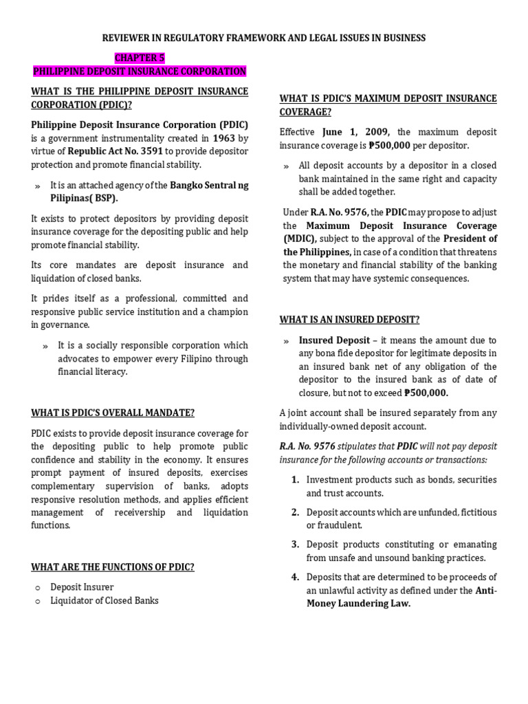 RFBT - Chapter 5 - Philippine Deposit Insurance Corporation | PDF | Banks | Deposit Account