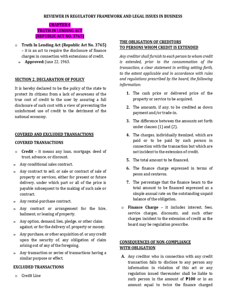RFBT - Chapter 4 - Truth in Lending Act | PDF | Credit | Finance & Money Management