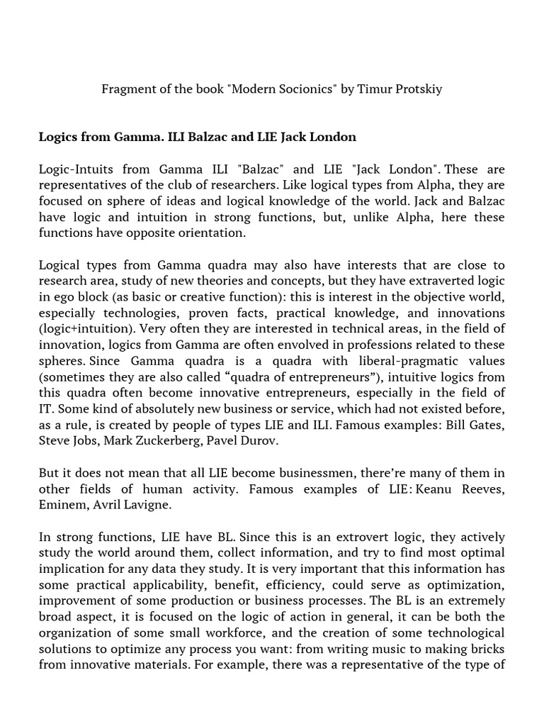 Gamma Quadra. LIE Jack and ILI Balzac Archetype Center | PDF | Theory ...