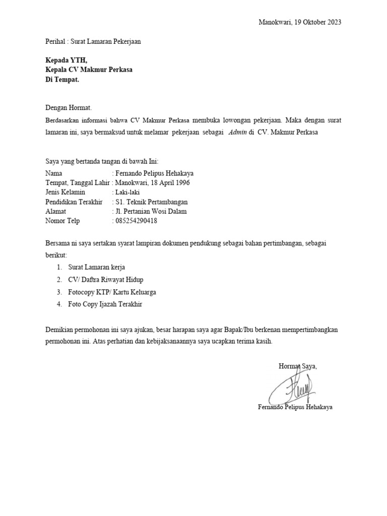 SURAT LAMARAN PEKERJAAN PT Pelayaran Nasional Ekalya Purnamasari (PNEP ...