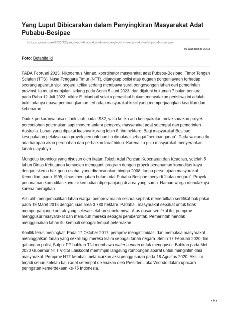 Yang Luput Dibicarakan Dalam Penyingkiran Masyarakat Adat Pubabu-Besipae | PDF