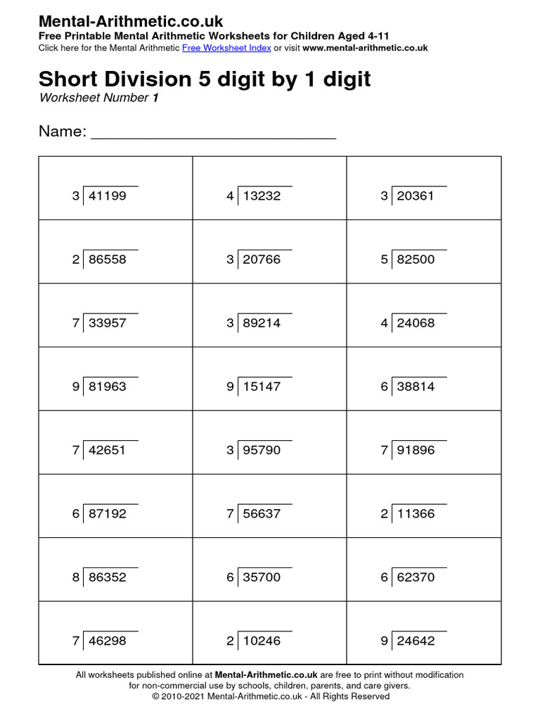 Short Division 5 Digit by 1 Digit Worksheet 1 | PDF