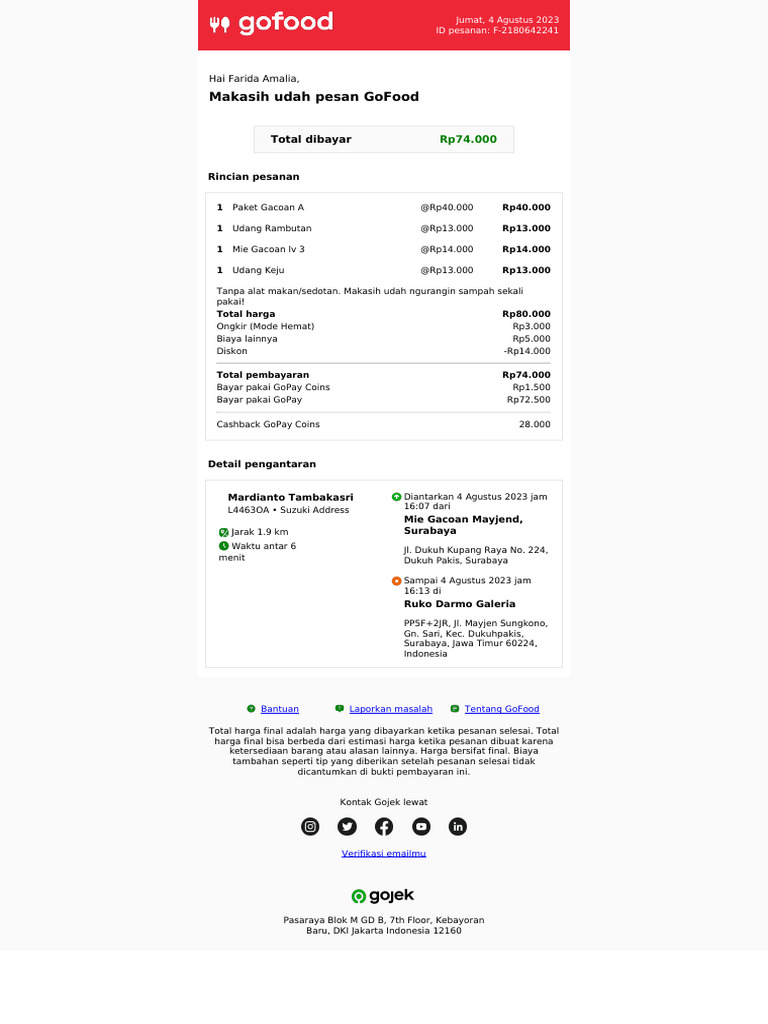 Contoh Pemesanan Gofood | PDF