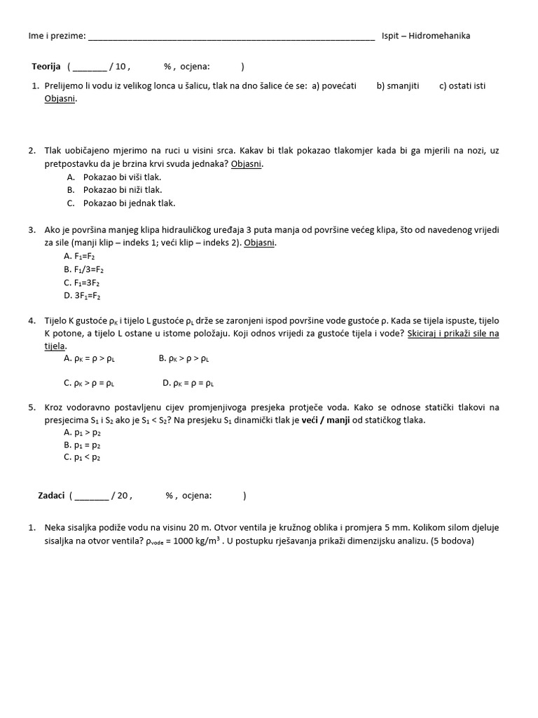 Hidromehanika - Primjer Ispita | PDF