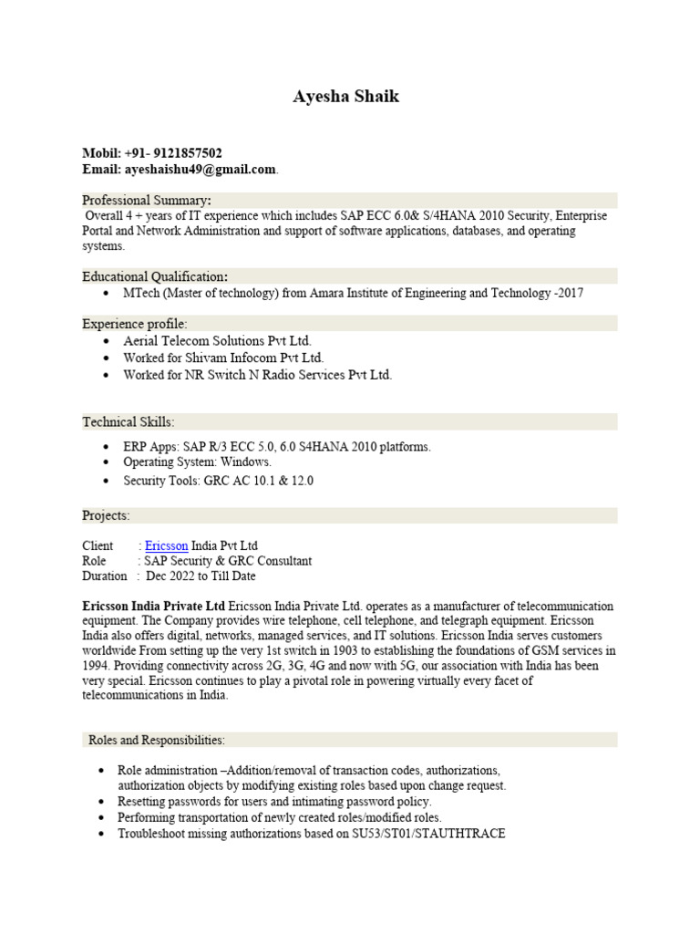 AYESHA SAP Resume-1 | PDF | Ericsson | Telephone