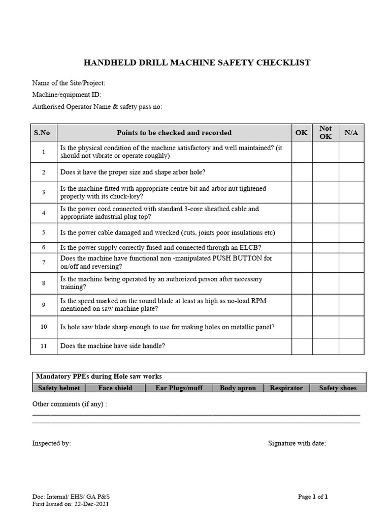 Handheld Drill Machine Safety Checklist | PDF