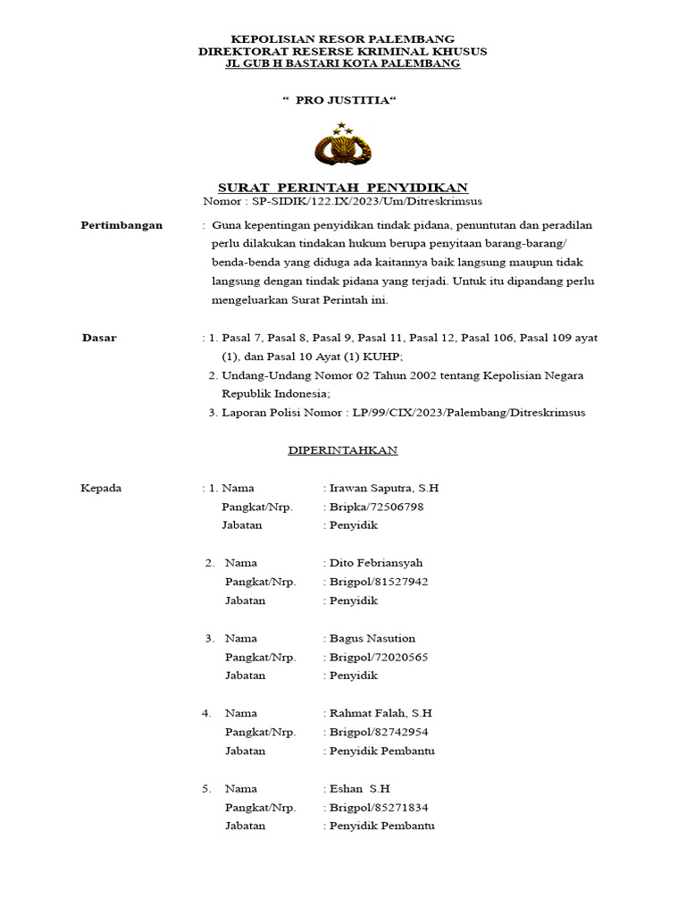 Surat Perintah Penyidikan | PDF