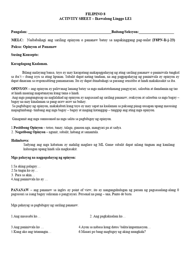 Week8 Activity Sheet Filipino 8 | PDF