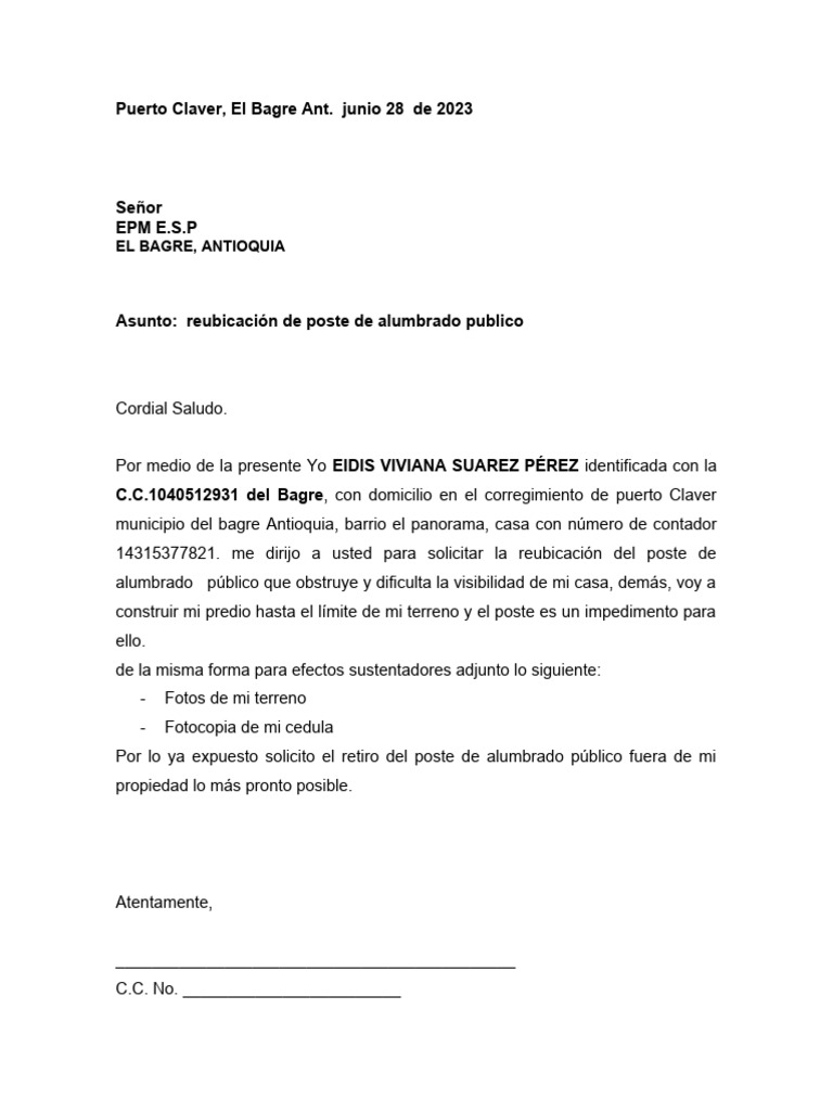 Solicitud de reubicación de poste de luz | PDF