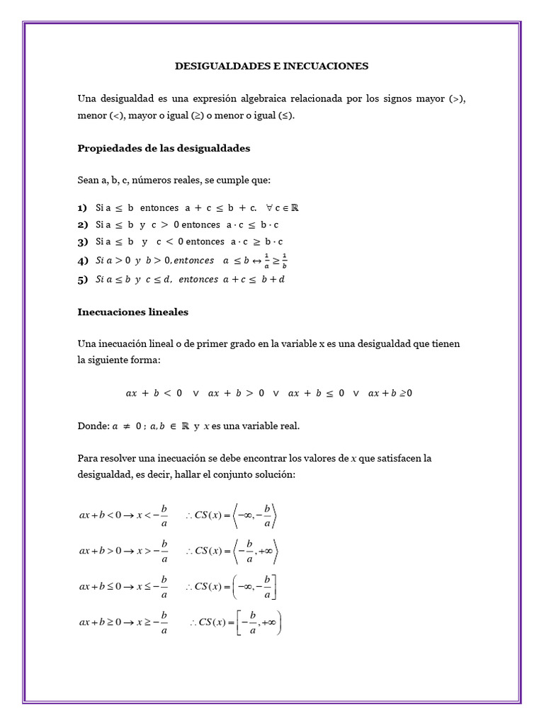 Inecuaciones Lineales | PDF | Desigualdad (Matemáticas) | Álgebra abstracta