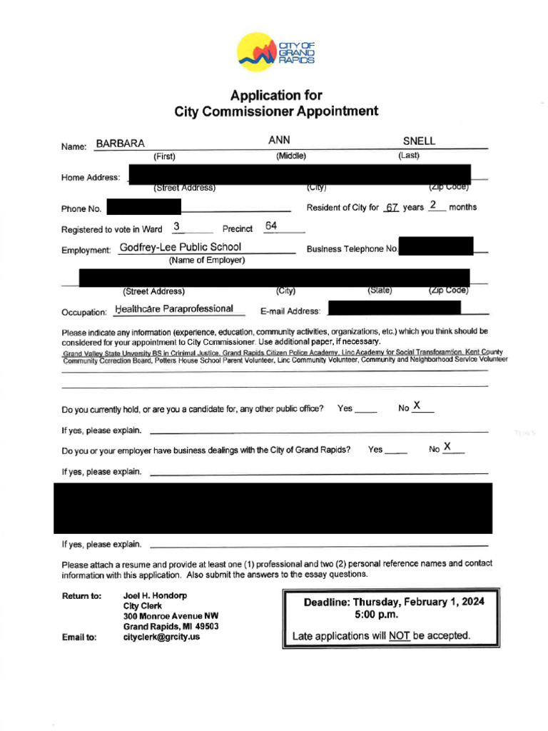 Barbara Snell Third Ward Commissioner Application | PDF