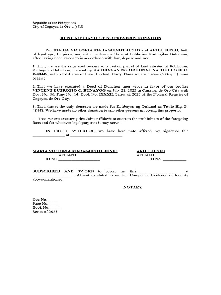 Joint Affidavit of No Previous Donation | PDF