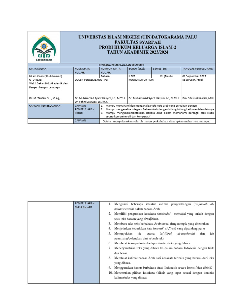 RPS Kajian Islam Klasik (Studi Naskah - AS) - 2 | PDF