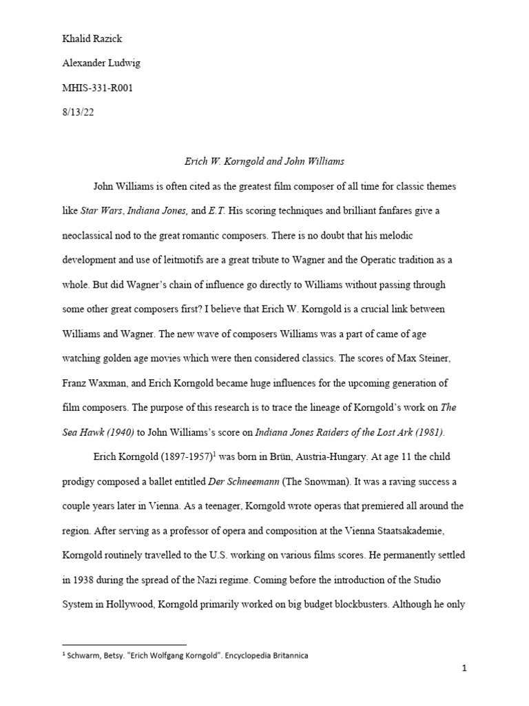 Comparing The Styles of Erich W. Korngold and John Williams - Razick ...