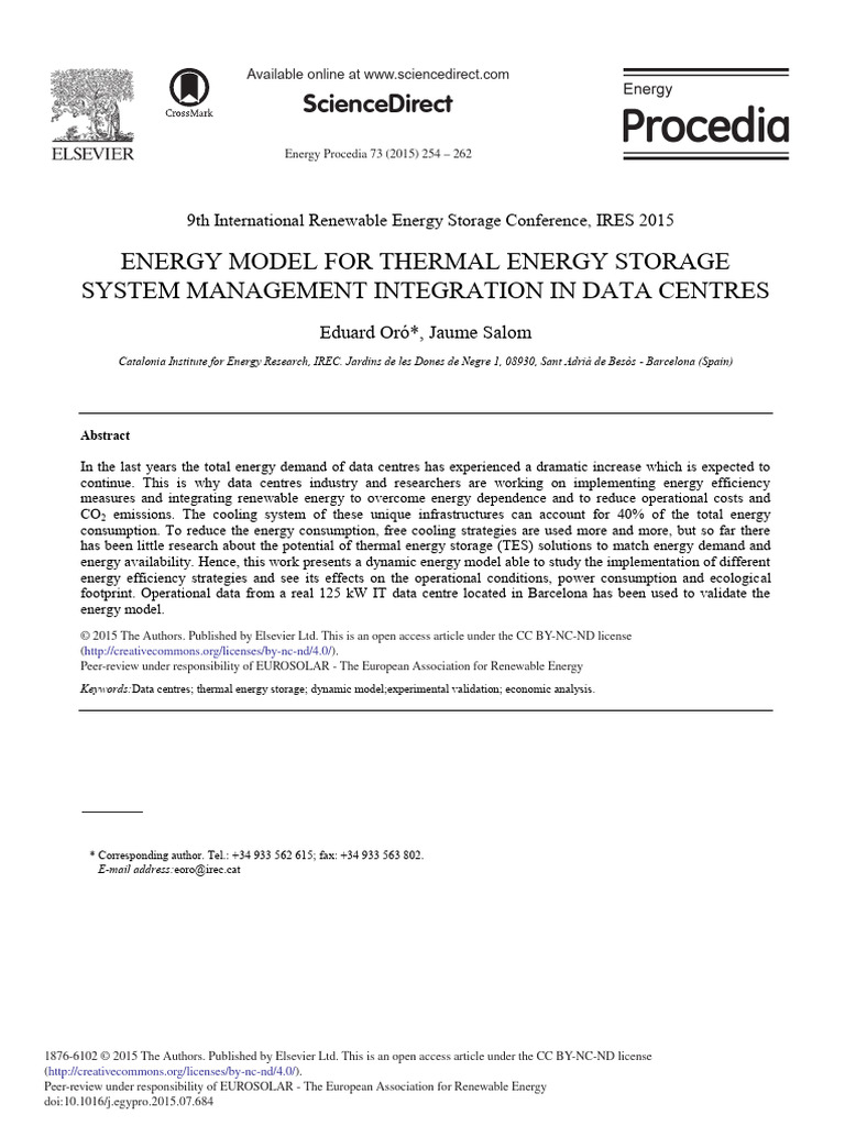 ENERGY MODEL FOR THERMAL ENERGY STORAGE SYSTEM MANAGEMENT INTEGRATION IN DATA CENTRES Eduard Oró ...