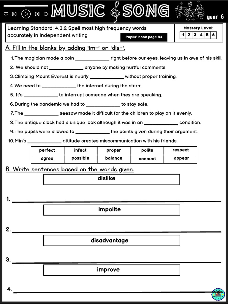 Year 6 Music and English Worksheet | PDF