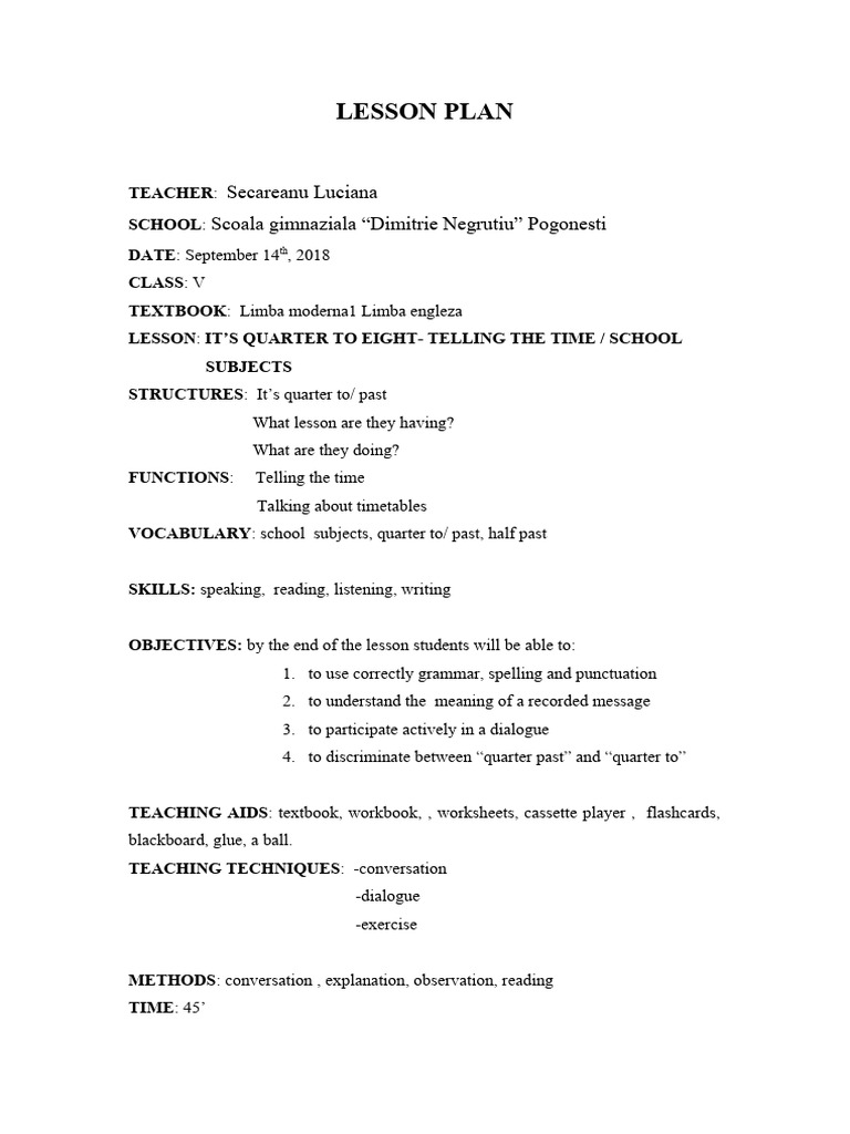 Lesson Plan: Telling Time & Subjects | PDF | Teachers | Cognitive Science