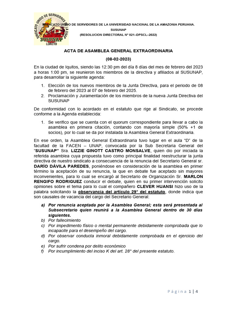 Acta de Asamblea General Extraordinaria | PDF