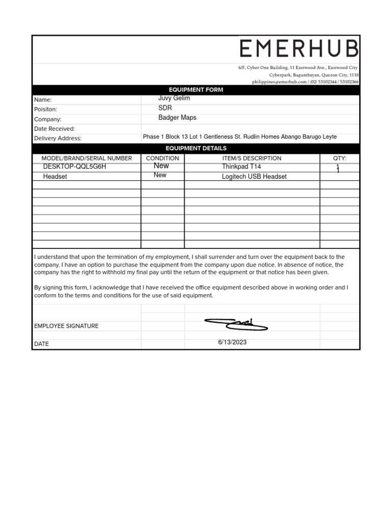 Employee Equipment Return Acknowledgment | PDF