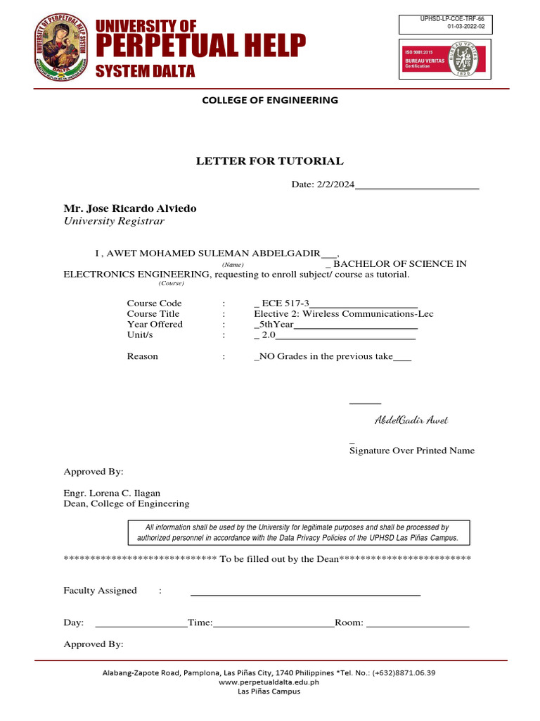 Tutorial Request Form (1st Sem, S.Y. 2023-2024) AbdelGadir Awett | PDF
