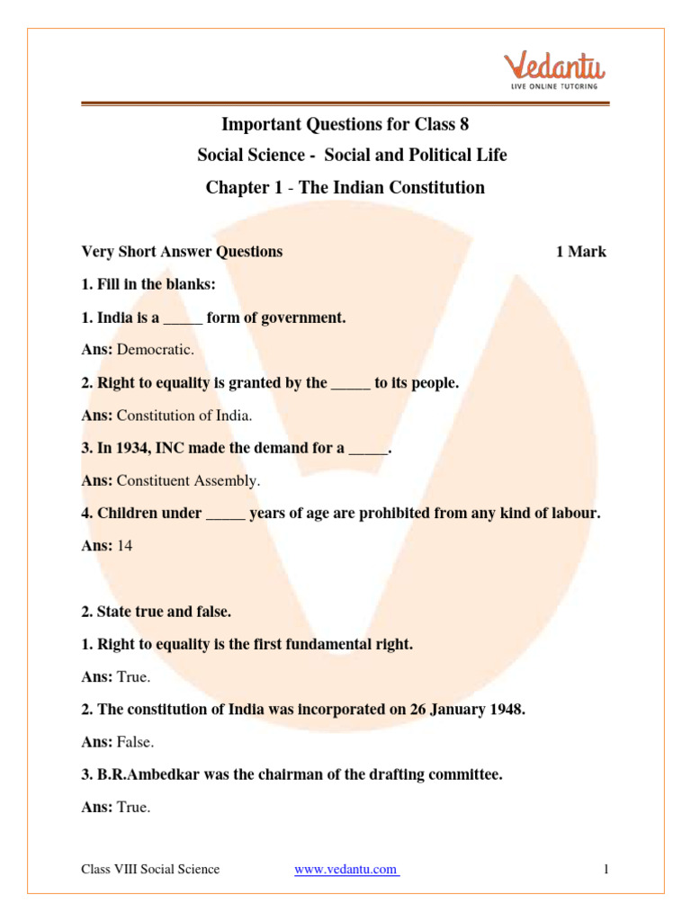 Important Questions Class 8 Social Science Social and Political Life Chapter 1 | Download Free ...