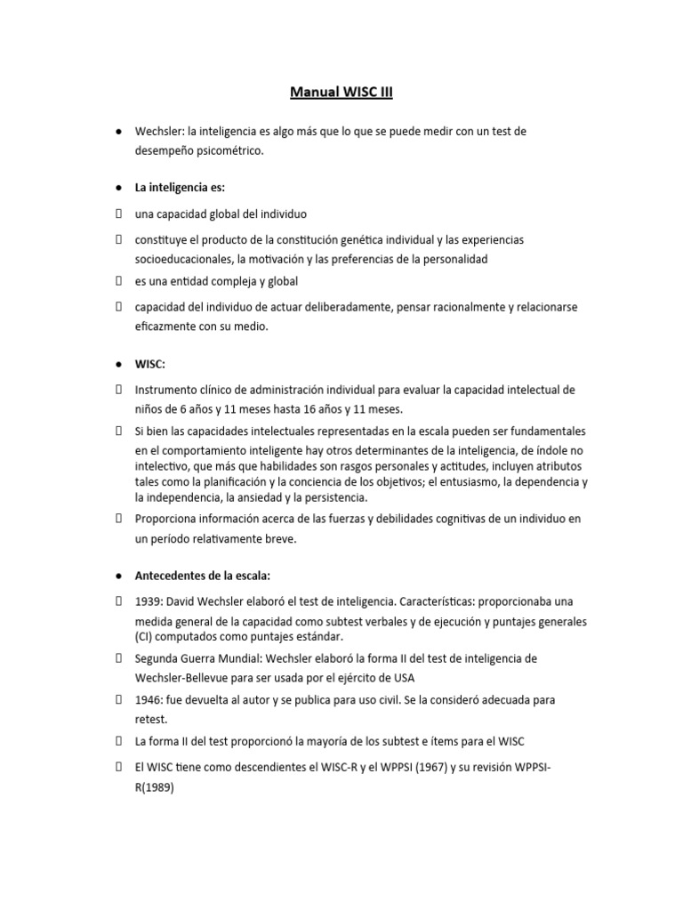 Resumen Manual WISC III | PDF | Escala de inteligencia para adultos de Wechsler | Inteligencia