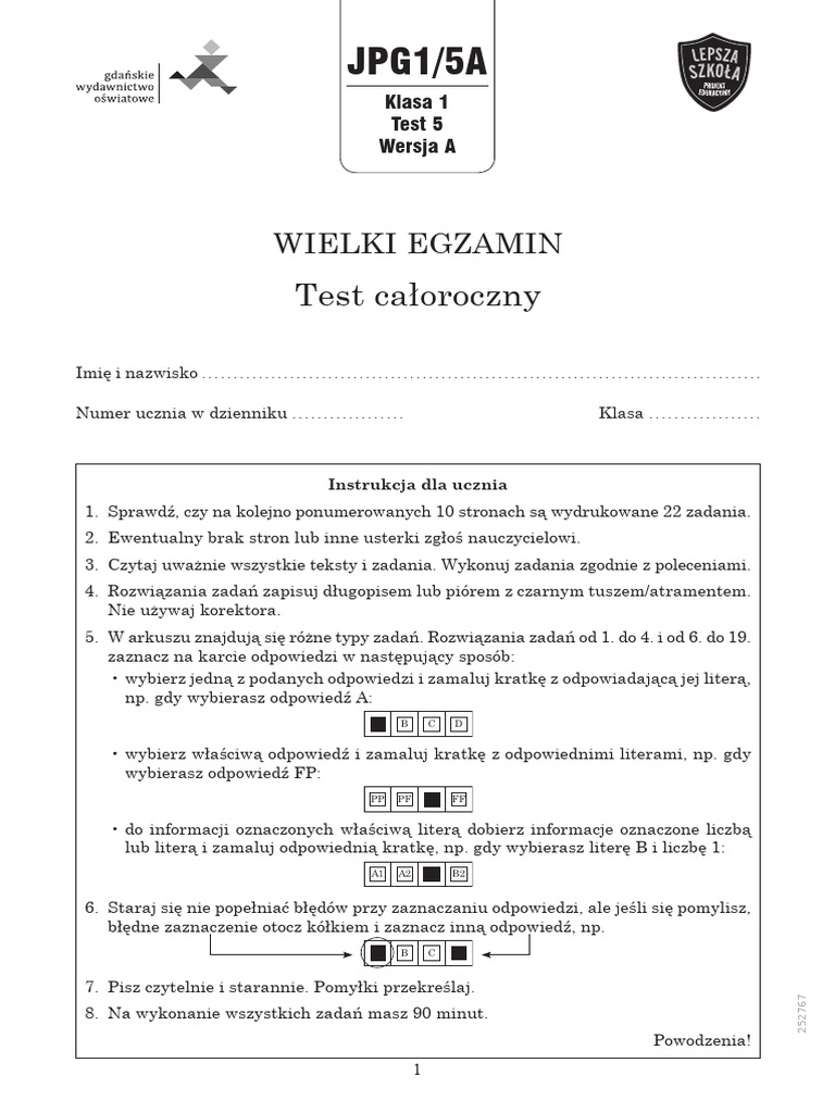 Polski Między Nami kl1 Test Całoroczny | PDF