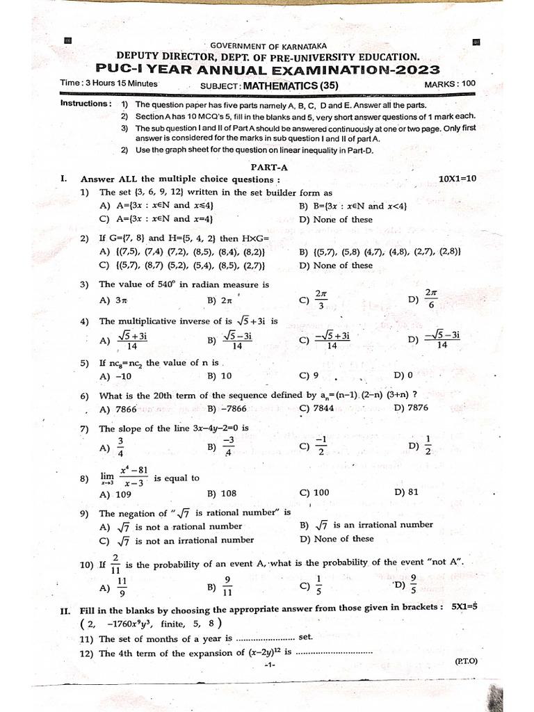 1st Puc Maths Annual Exam Paper 2023 Kalburgi | PDF