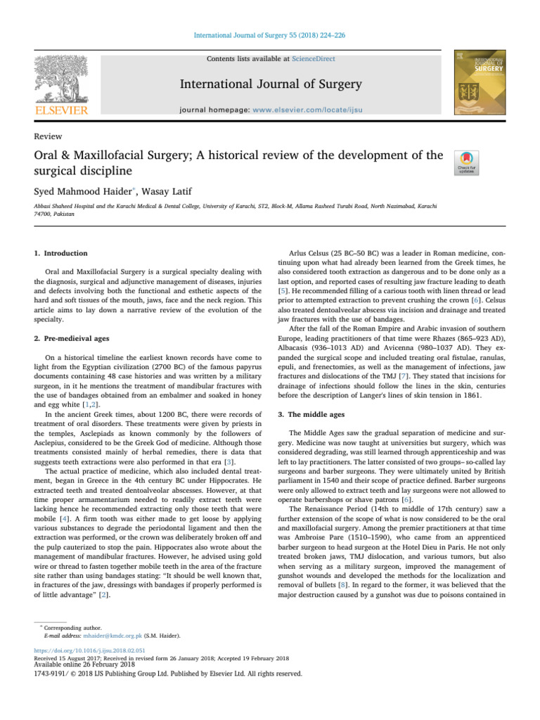 Oral & Maxillofacial Surgery A Historical Review of The Development of ...