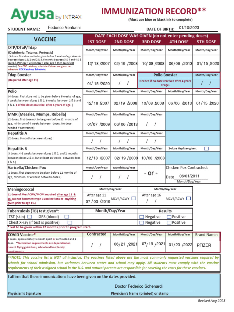 Texas Immunization Record Form | PDF | Vaccination | Medical Humanities
