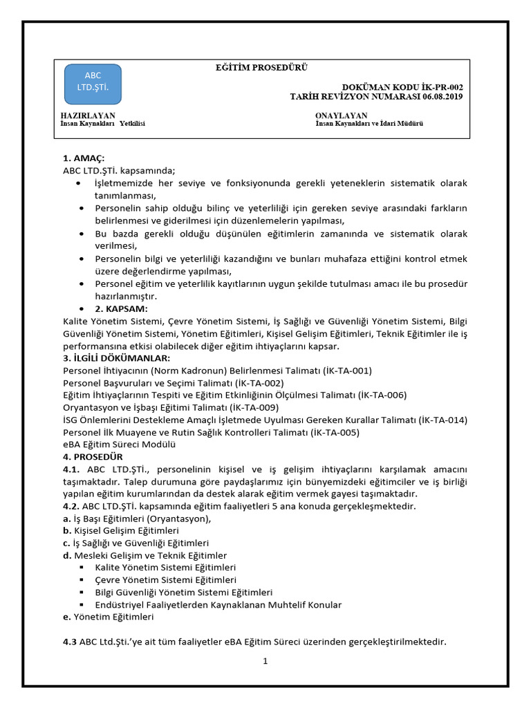 Tse Iso 9001 Eği̇ti̇m Prosedür Örnek 1 | PDF