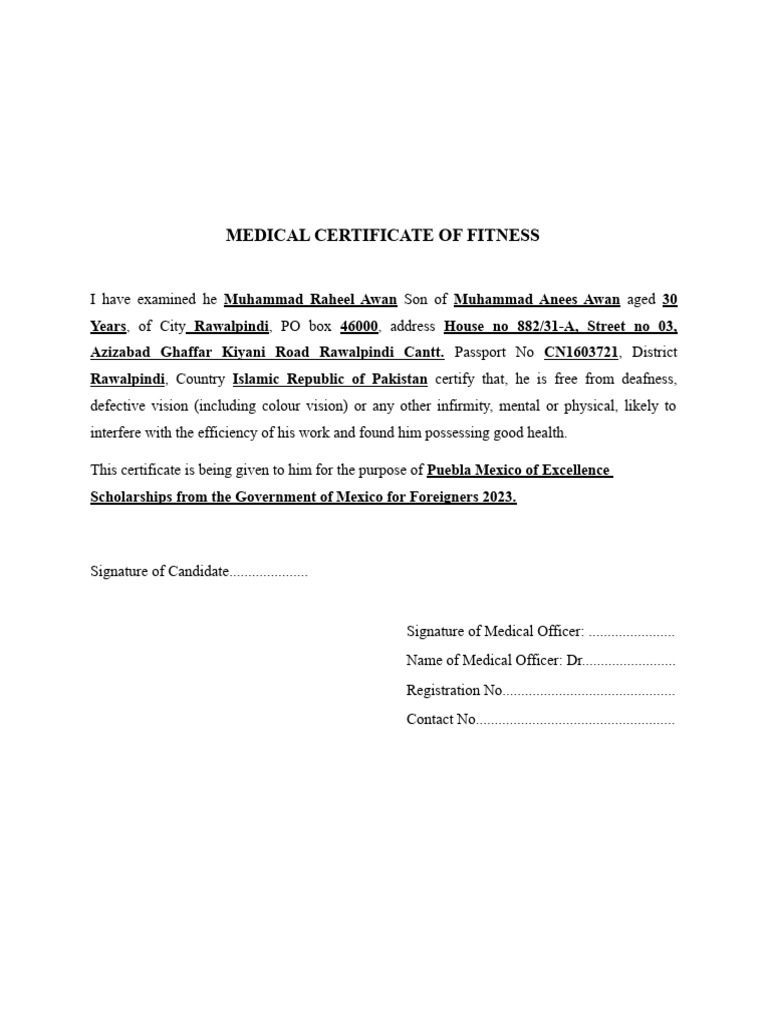 Medical Certificate of Fitness | PDF