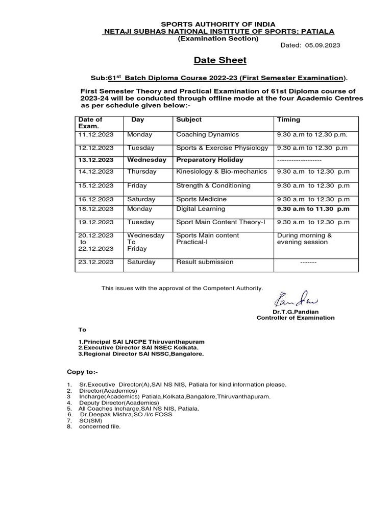 NIS Patiala 61st Diploma Exam Schedule | PDF