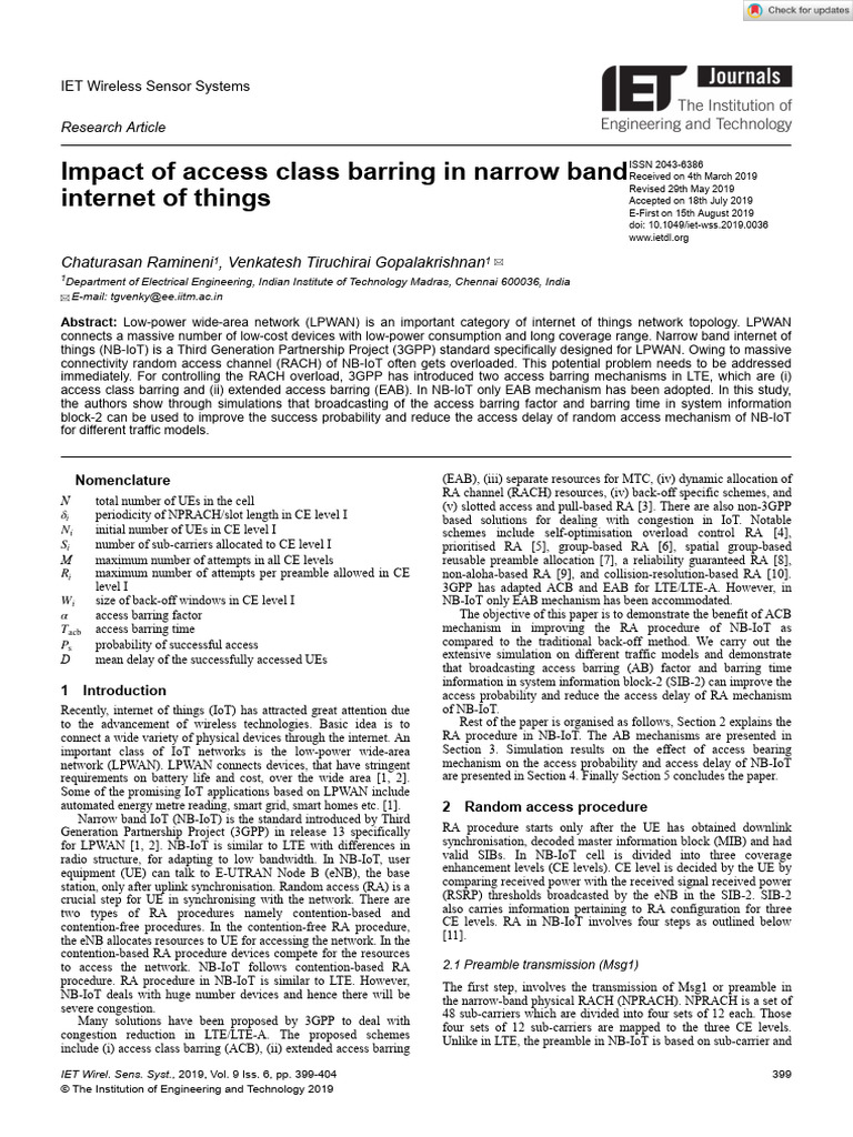 Iet Wireless Sensor Systems 2019 Ramineni Impact Of Access Class Barring In Narrow Band