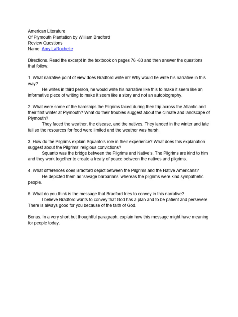 of Plymouth Plantation Review Questions | PDF