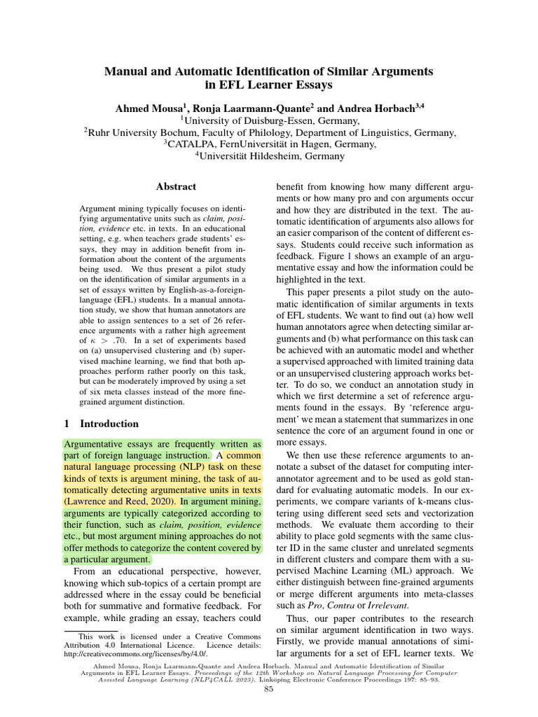 Manual and Automatic Identification of Similar Arguments in EFL Learner Essays | PDF | Cluster ...