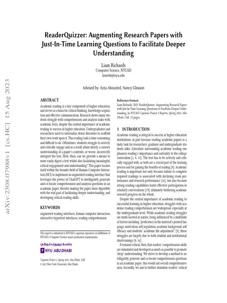 Academic Reading - ReaderQuizzer Augmenting Research Papers With Just ...