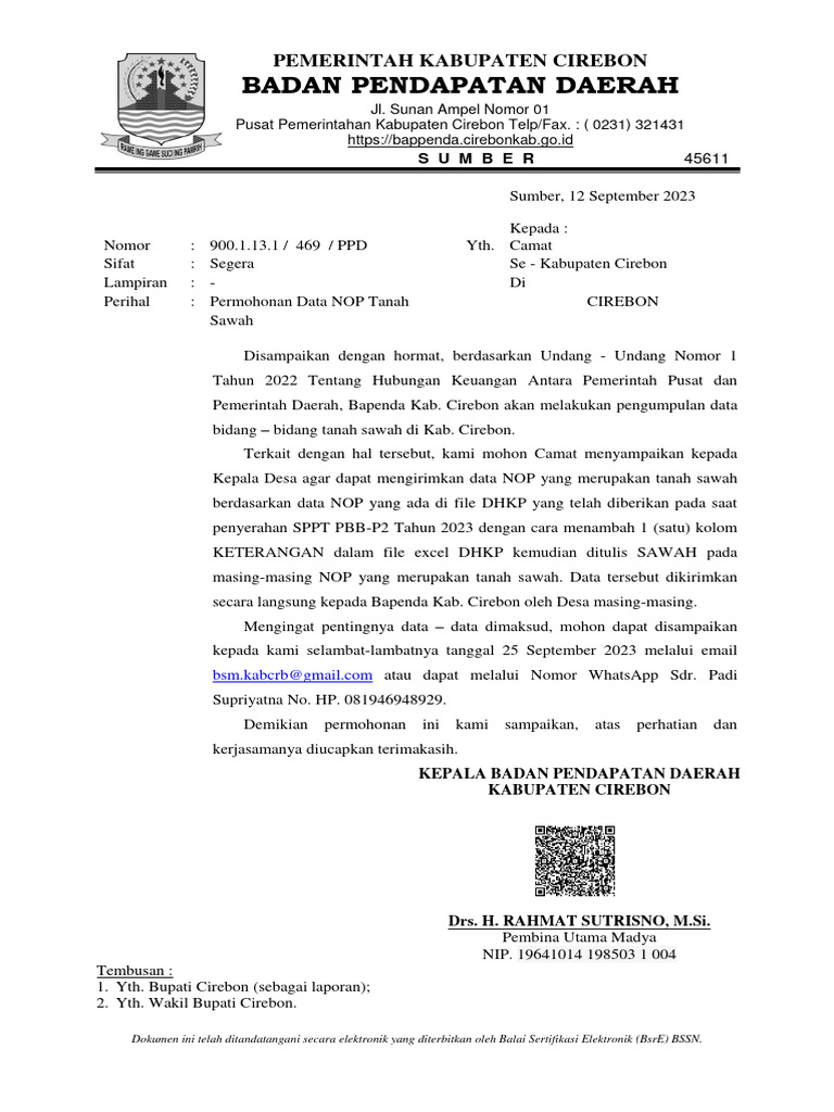 Surat Permohonan Data NOP Tanah Sawah_signed | PDF
