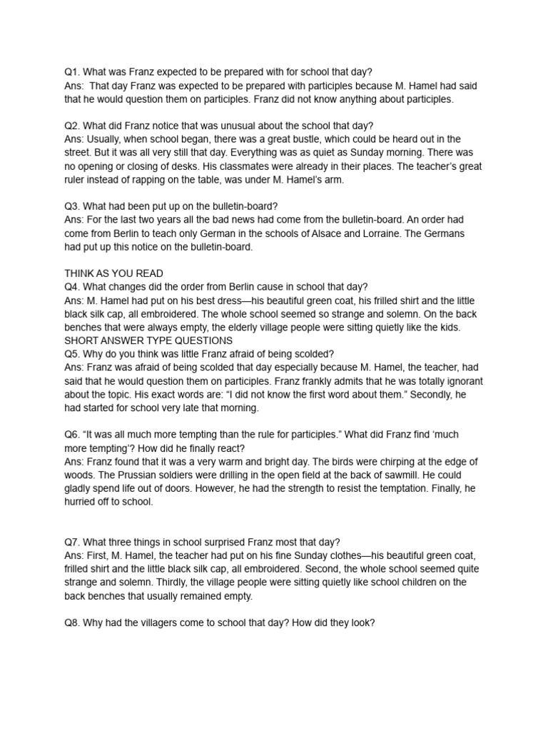 The Last Lesson Questions | PDF