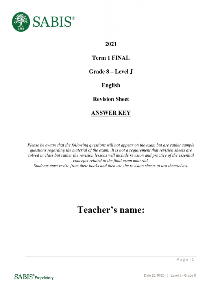2021 Term 1 Final Grade 8 English Revision Sheet Answer Key-Final | PDF | Verb | Grammatical Tense