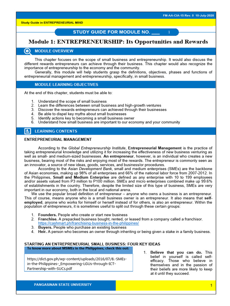 Module 1 Entrepreneurship Its Opportunities and Rewards | PDF ...