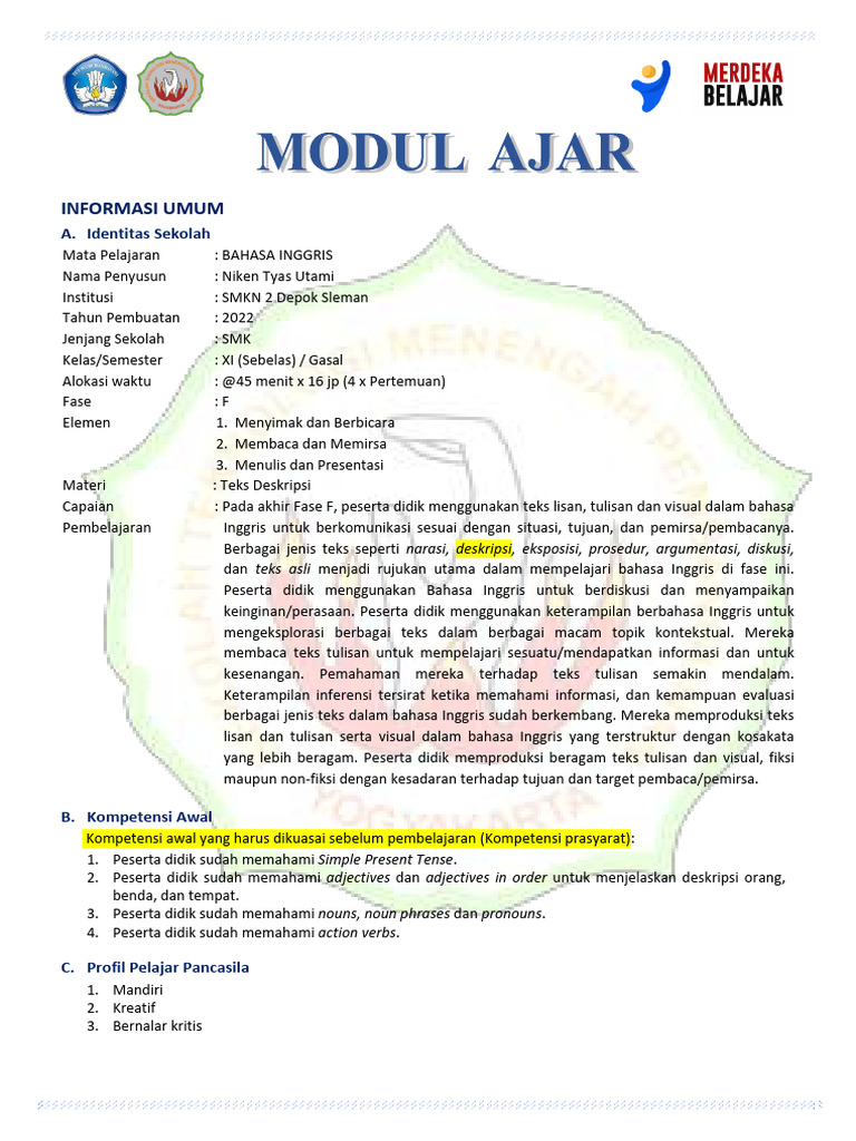 Modul Ajar Bahasa Inggris - Teks Deskripsi Kelas XI | PDF