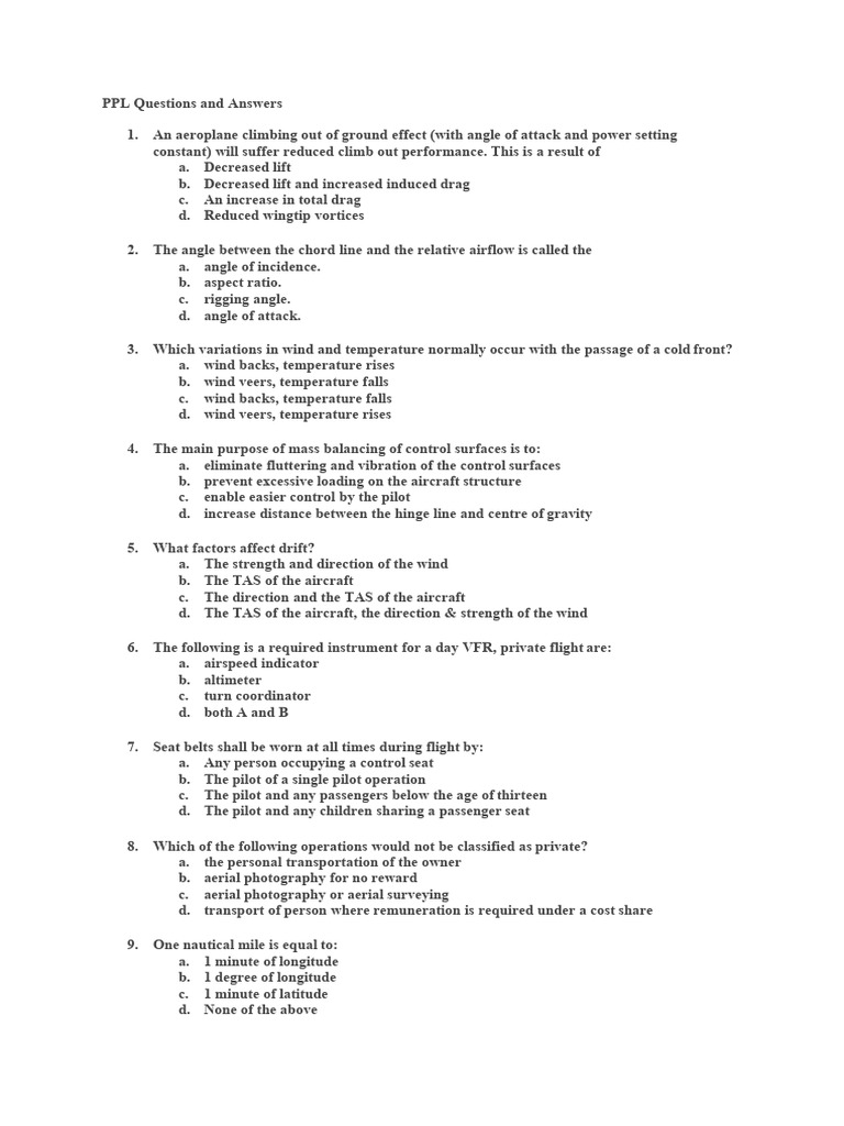 PPL Quiz Questions | Download Free PDF | Airspeed | Flight Control Surfaces