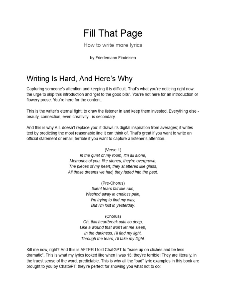 Fill That Page (How to Write More Lyrics) | PDF | Song Structure | Emotions Fill That Page (How to Write More Lyrics) | PDF | Song Structure | Emotions