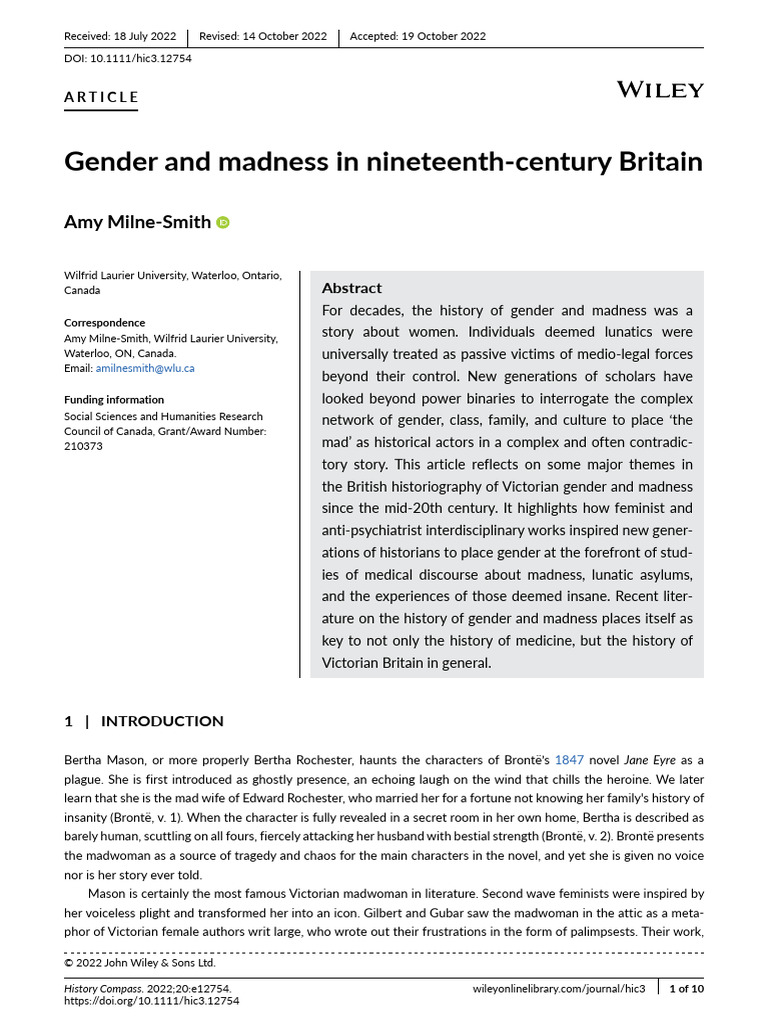 History Compass - 2022 - Milne Smith - Gender and Madness in Nineteenth ...