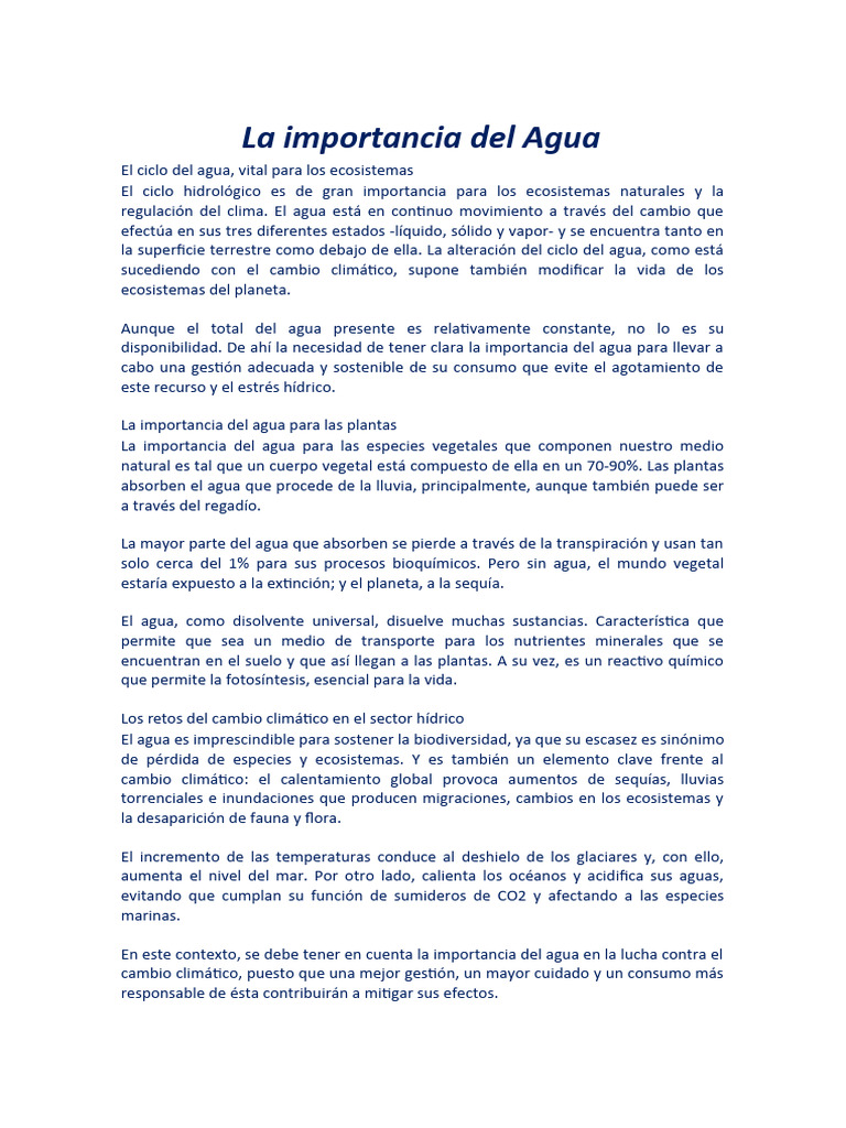 LA IMPORTANCIA DEL AGUA | PDF | Agua | El ciclo del agua